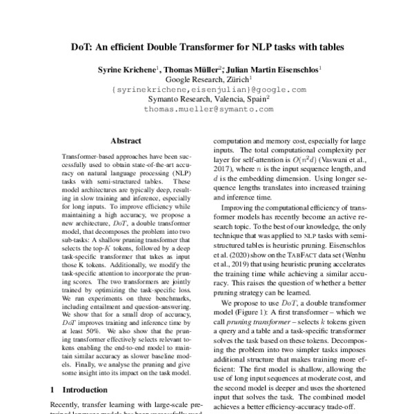 DoT: An efficient Double Transformer for NLP tasks with tables - ACL Anthology
