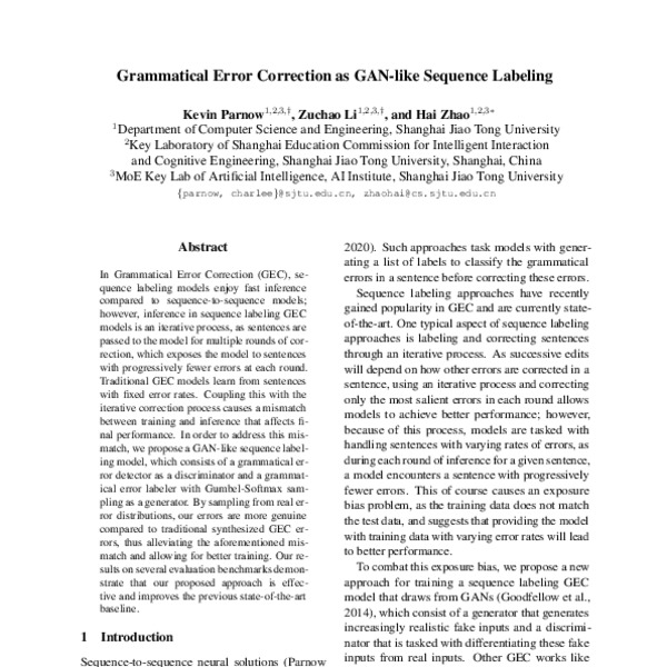 Grammatical Error Correction as GAN-like Sequence Labeling - ACL Anthology