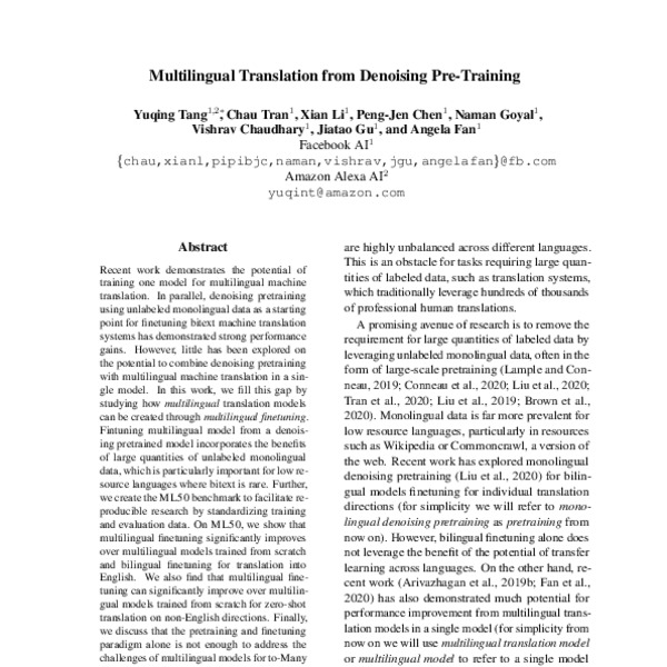 Multilingual Translation from Denoising Pre-Training - ACL Anthology