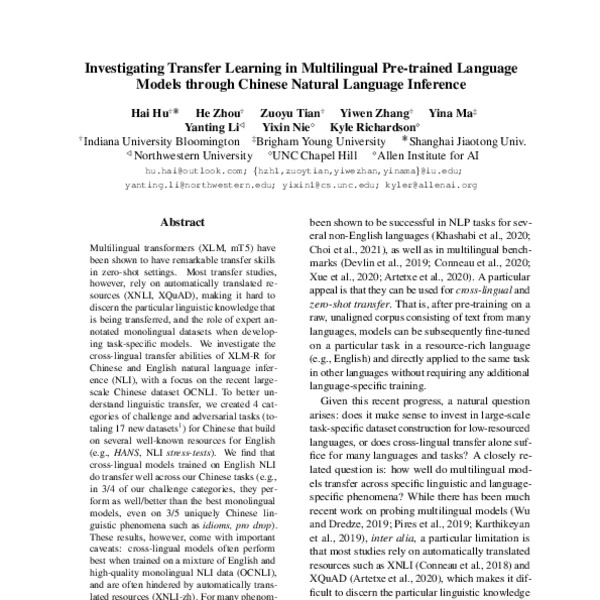 Investigating Transfer Learning in Multilingual Pre-trained Language Models through Chinese ...