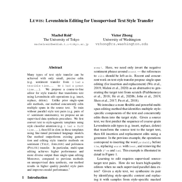 LEWIS: Levenshtein Editing for Unsupervised Text Style Transfer - ACL Anthology