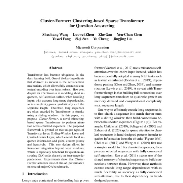 Cluster Former Clustering Based Sparse Transformer For Question 8919