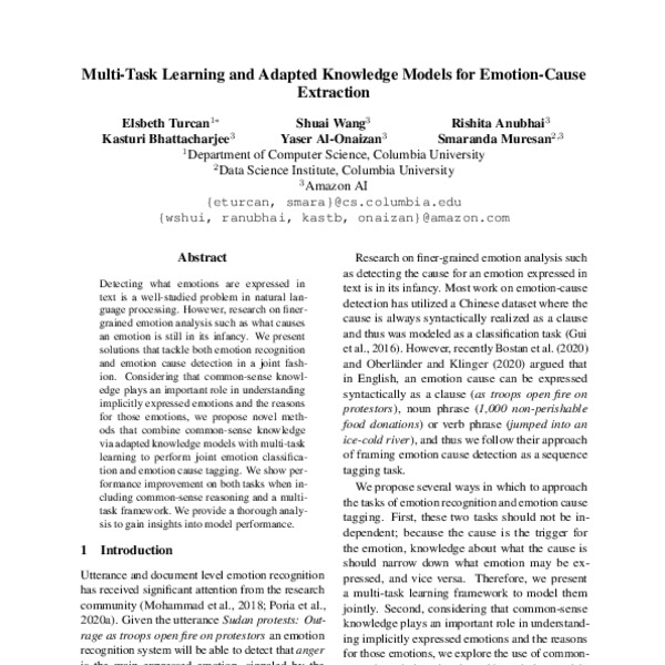 Multi-Task Learning and Adapted Knowledge Models for Emotion-Cause Extraction - ACL Anthology