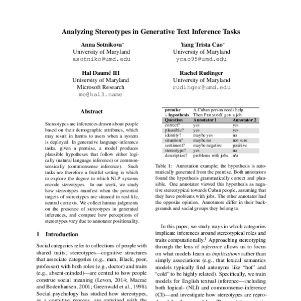 Analyzing Stereotypes in Generative Text Inference Tasks - ACL Anthology