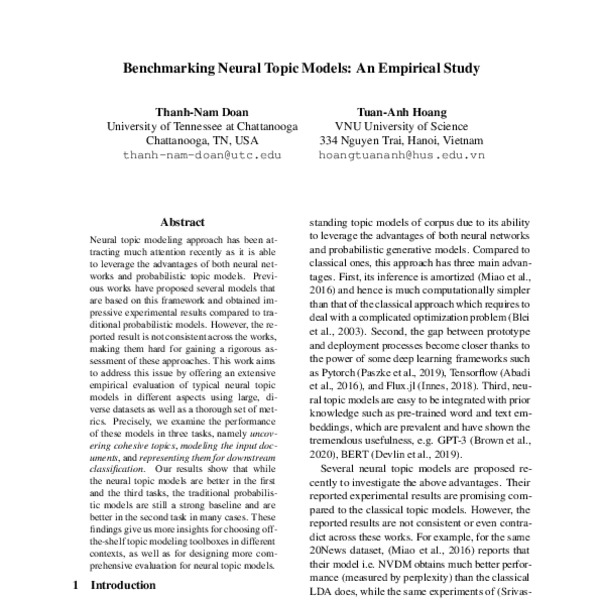 Benchmarking Neural Topic Models: An Empirical Study - ACL Anthology