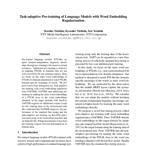 Task Adaptive Pre Training Of Language Models With Word Embedding Regularization Acl Anthology
