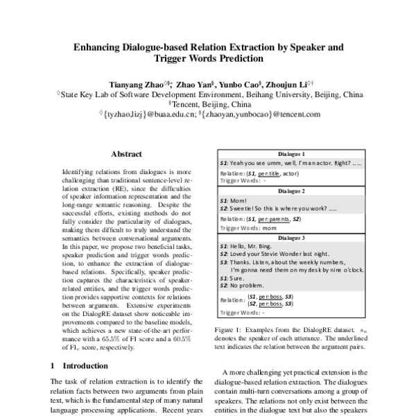 Enhancing Dialogue Based Relation Extraction By Speaker And Trigger Words Prediction Acl Anthology