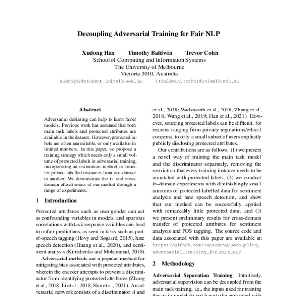 Decoupling Adversarial Training for Fair NLP - ACL Anthology