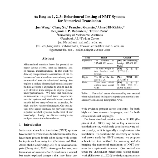 As Easy as 1, 2, 3: Behavioural Testing of NMT Systems for Numerical ...