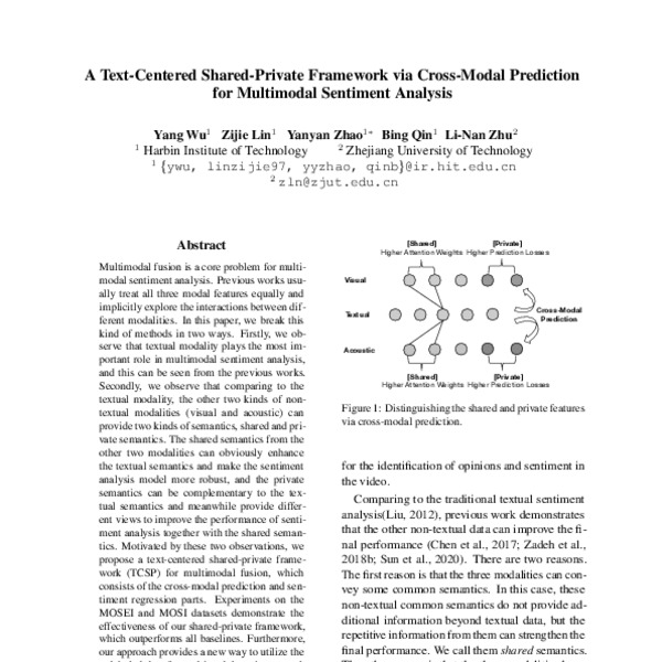 A Text Centered Shared Private Framework Via Cross Modal Prediction For Multimodal Sentiment