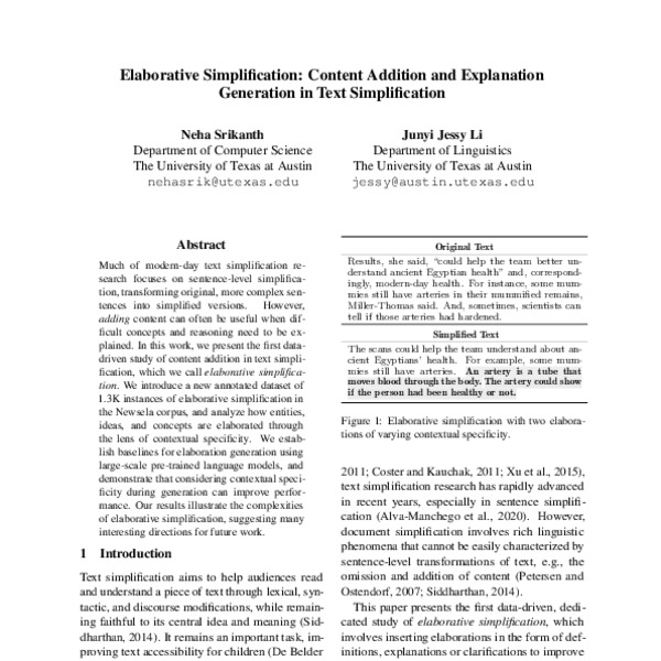 Elaborative Simplification: Content Addition and Explanation Generation in Text Simplification ...