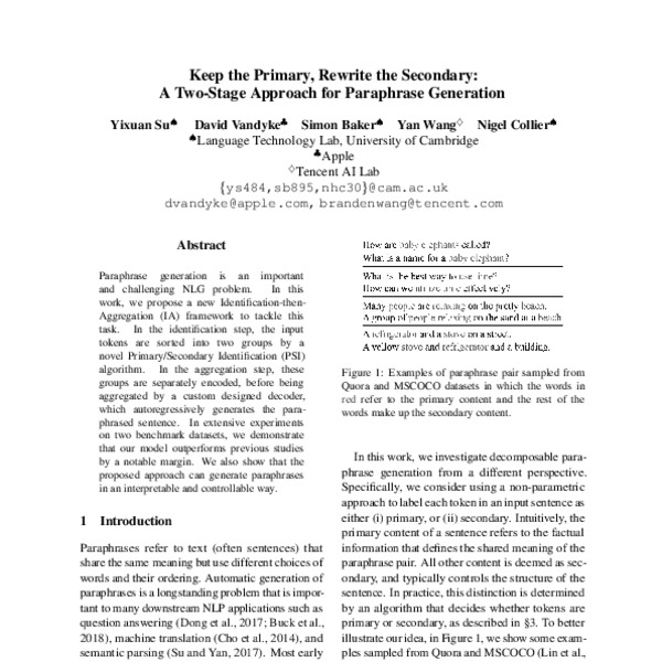 Keep The Primary Rewrite The Secondary A Two Stage Approach For Paraphrase Generation Acl
