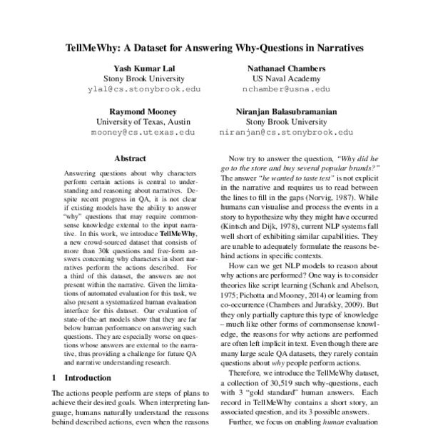 TellMeWhy: A Dataset for Answering Why-Questions in Narratives - ACL ...