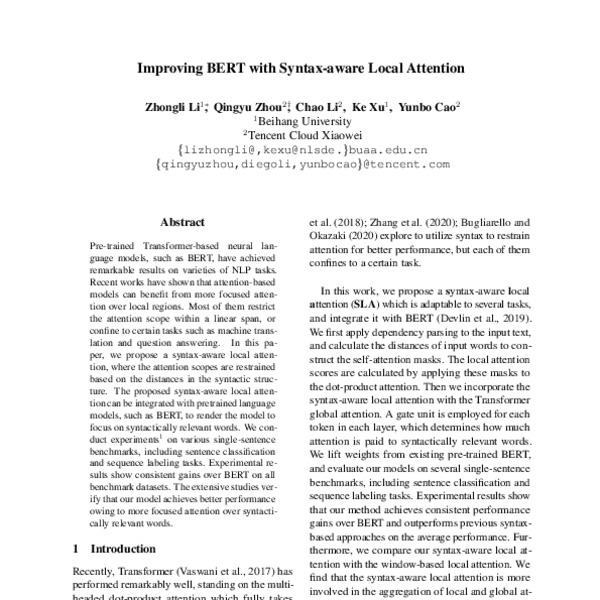 Improving BERT with Syntax-aware Local Attention - ACL Anthology