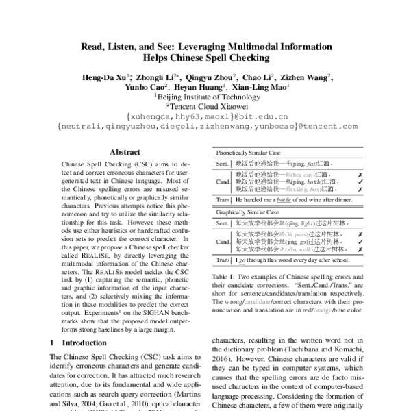 Read, Listen, and See: Leveraging Multimodal Information Helps Chinese Spell Checking - ACL ...