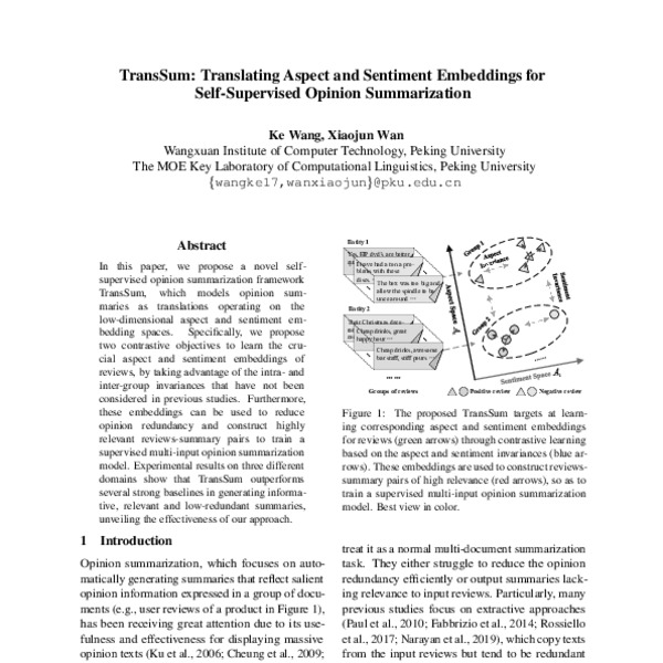 TransSum: Translating Aspect and Sentiment Embeddings for Self-Supervised Opinion Summarization ...