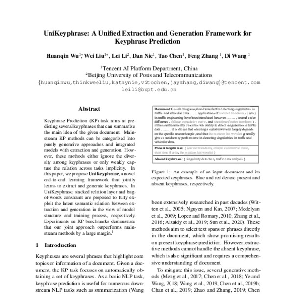 UniKeyphrase: A Unified Extraction and Generation Framework for Keyphrase Prediction - ACL Anthology