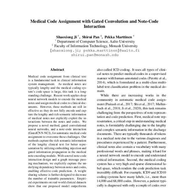 Medical Code Assignment with Gated Convolution and Note-Code ...