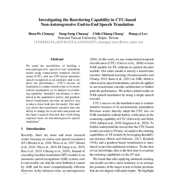 Investigating The Reordering Capability In Ctc Based Non Autoregressive End To End Speech