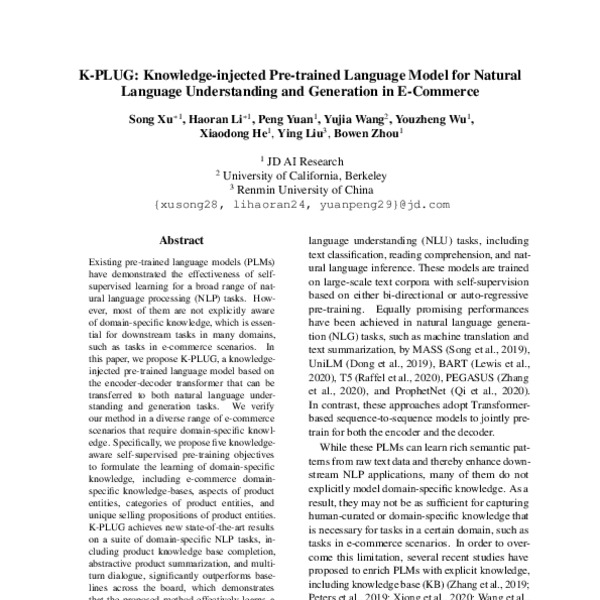 K-PLUG: Knowledge-injected Pre-trained Language Model for Natural Language Understanding and ...