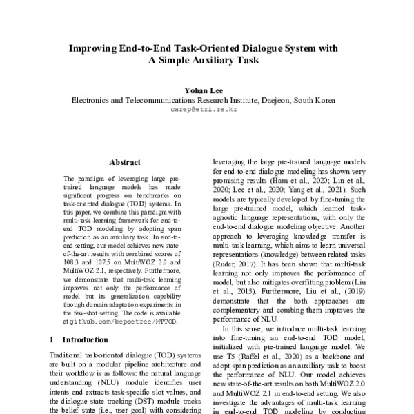 Improving End-to-End Task-Oriented Dialog System with A Simple Auxiliary Task - ACL Anthology