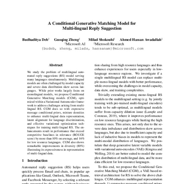 A Conditional Generative Matching Model for Multi-lingual Reply Suggestion - ACL Anthology