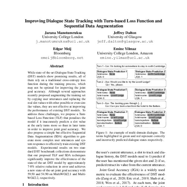 Improving Dialogue State Tracking with Turn-based Loss Function and Sequential Data Augmentation ...