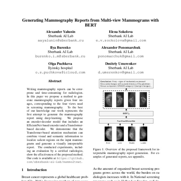 Generating Mammography Reports from Multi-view Mammograms with BERT ...