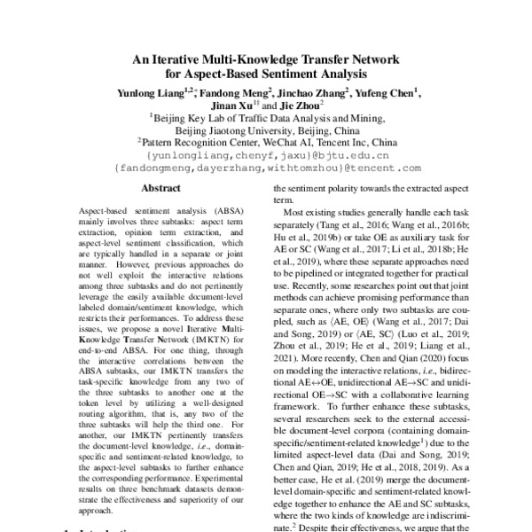 An Iterative Multi-Knowledge Transfer Network for Aspect-Based Sentiment Analysis - ACL Anthology