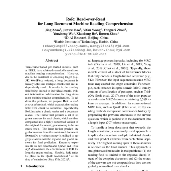 RoR: Read-over-Read for Long Document Machine Reading Comprehension - ACL Anthology