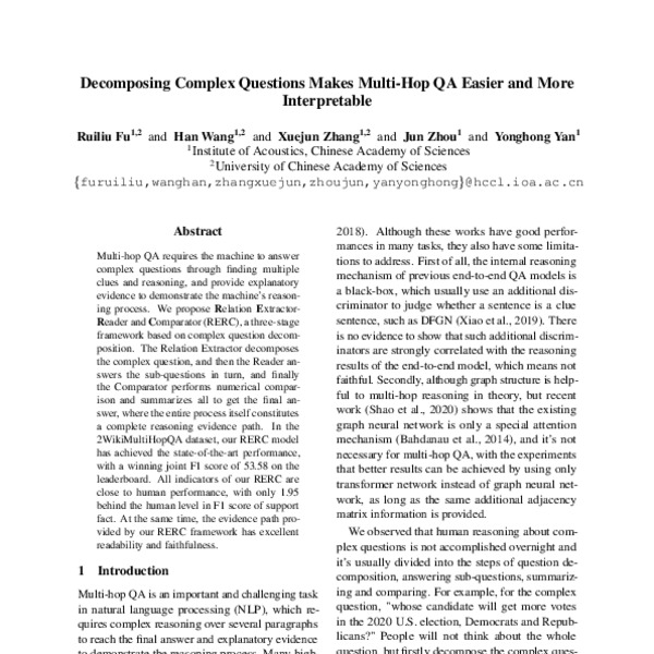 Decomposing Complex Questions Makes Multi-Hop QA Easier and More Interpretable - ACL Anthology