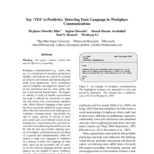 Say ‘YES’ to Positivity: Detecting Toxic Language in Workplace ...