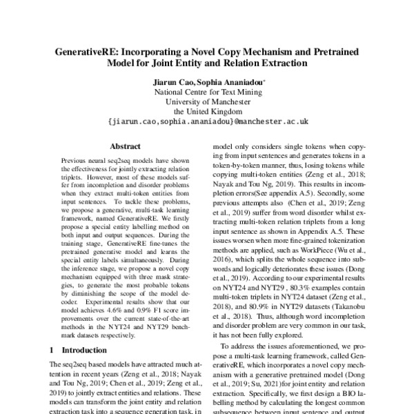 GenerativeRE: Incorporating a Novel Copy Mechanism and Pretrained Model for Joint Entity and ...