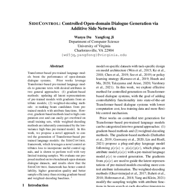 SideControl: Controlled Open-domain Dialogue Generation via Additive Side Networks - ACL Anthology