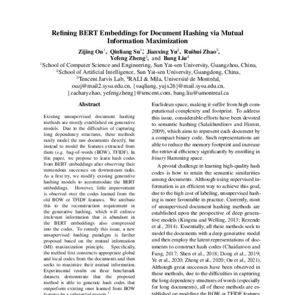 Refining BERT Embeddings for Document Hashing via Mutual Information Maximization - ACL Anthology