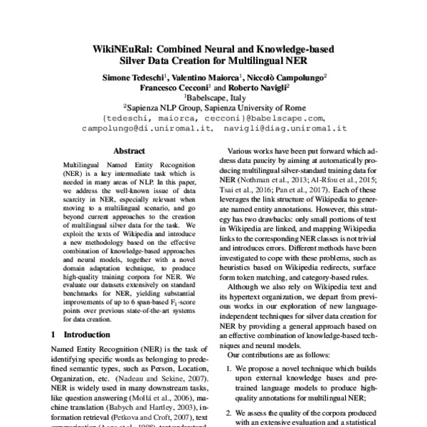 WikiNEuRal: Combined Neural and Knowledge-based Silver Data Creation for Multilingual NER - ACL ...