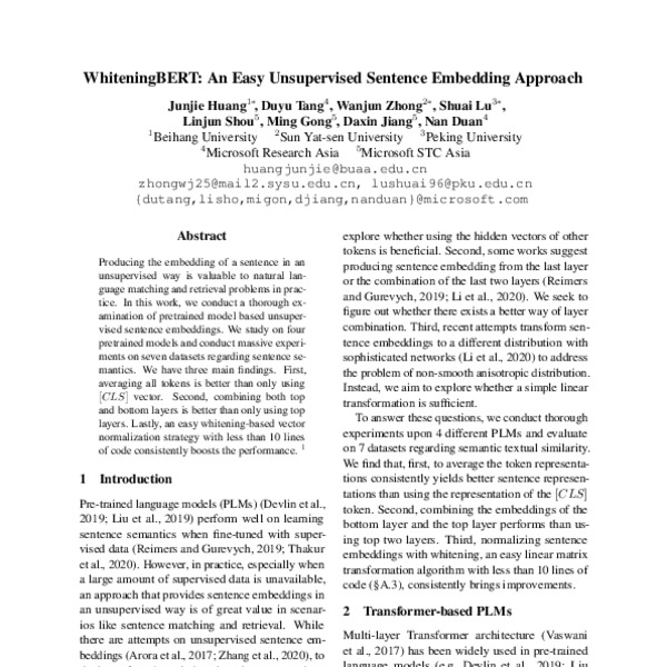 WhiteningBERT: An Easy Unsupervised Sentence Embedding Approach - ACL Anthology