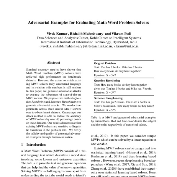 Adversarial Examples for Evaluating Math Word Problem Solvers - ACL Anthology