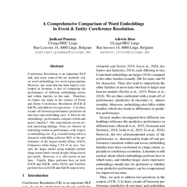 A Comprehensive Comparison Of Word Embeddings In Event And Entity Coreference Resolution Acl