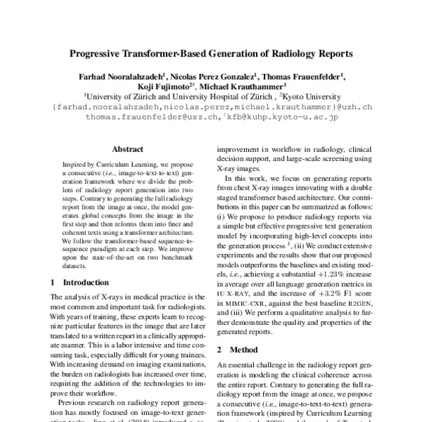 Progressive Transformer-Based Generation of Radiology Reports - ACL Anthology