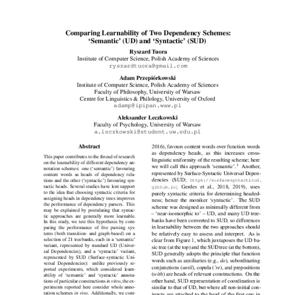Comparing learnability of two dependency schemes: ‘semantic’ (UD) and ‘syntactic’ (SUD) - ACL ...