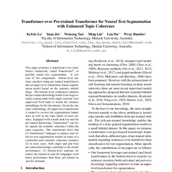 Transformer over Pre-trained Transformer for Neural Text Segmentation with Enhanced Topic ...