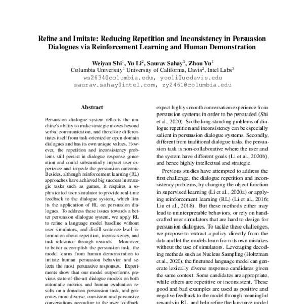 Refine and Imitate: Reducing Repetition and Inconsistency in Persuasion Dialogues via ...