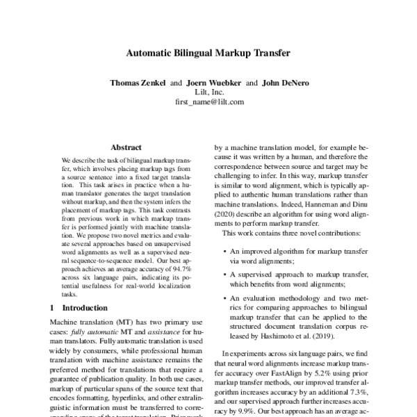 Automatic Bilingual Markup Transfer - ACL Anthology