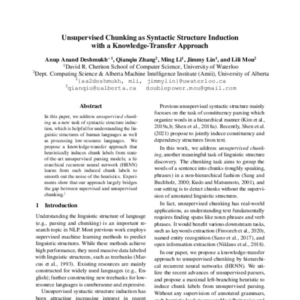 Unsupervised Chunking as Syntactic Structure Induction with a Knowledge-Transfer Approach - ACL ...