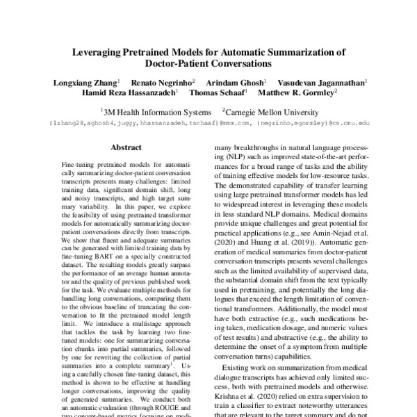 Leveraging Pretrained Models for Automatic Summarization of Doctor-Patient Conversations - ACL ...