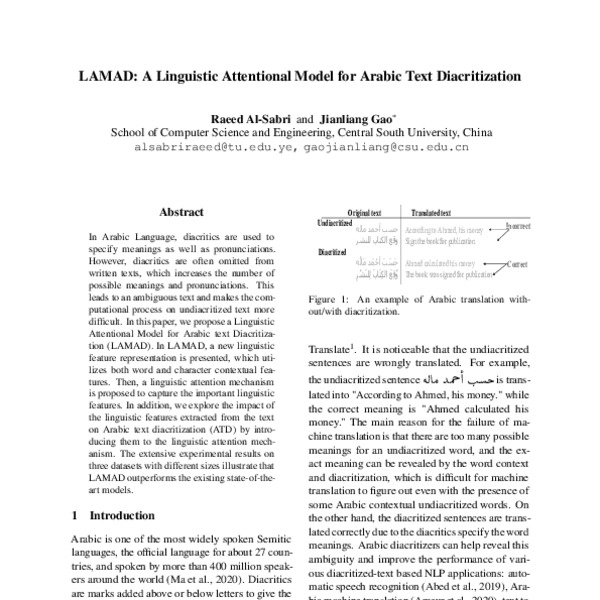 LAMAD: A Linguistic Attentional Model for Arabic Text Diacritization ...