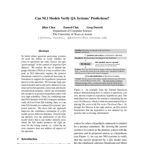 Can NLI Models Verify QA Systems’ Predictions? - ACL Anthology