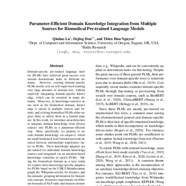 Parameter-Efficient Domain Knowledge Integration from Multiple Sources for Biomedical Pre ...