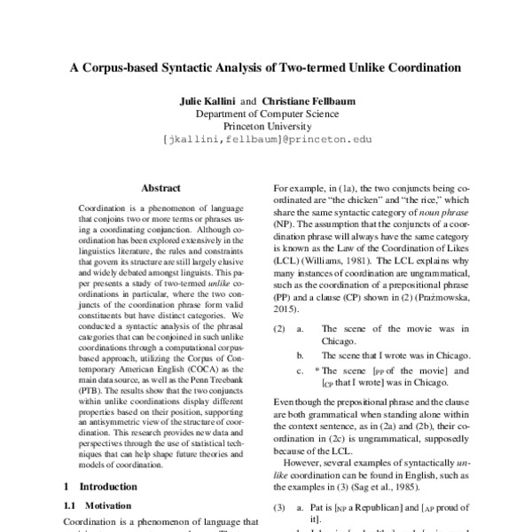 A Corpus-based Syntactic Analysis of Two-termed Unlike Coordination - ACL Anthology